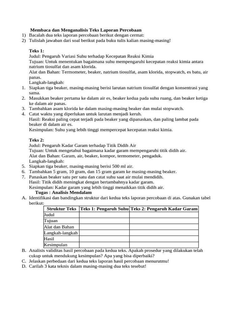 Lkpd Membaca Dan Menganalisis Teks Laporan Percobaan Pdf