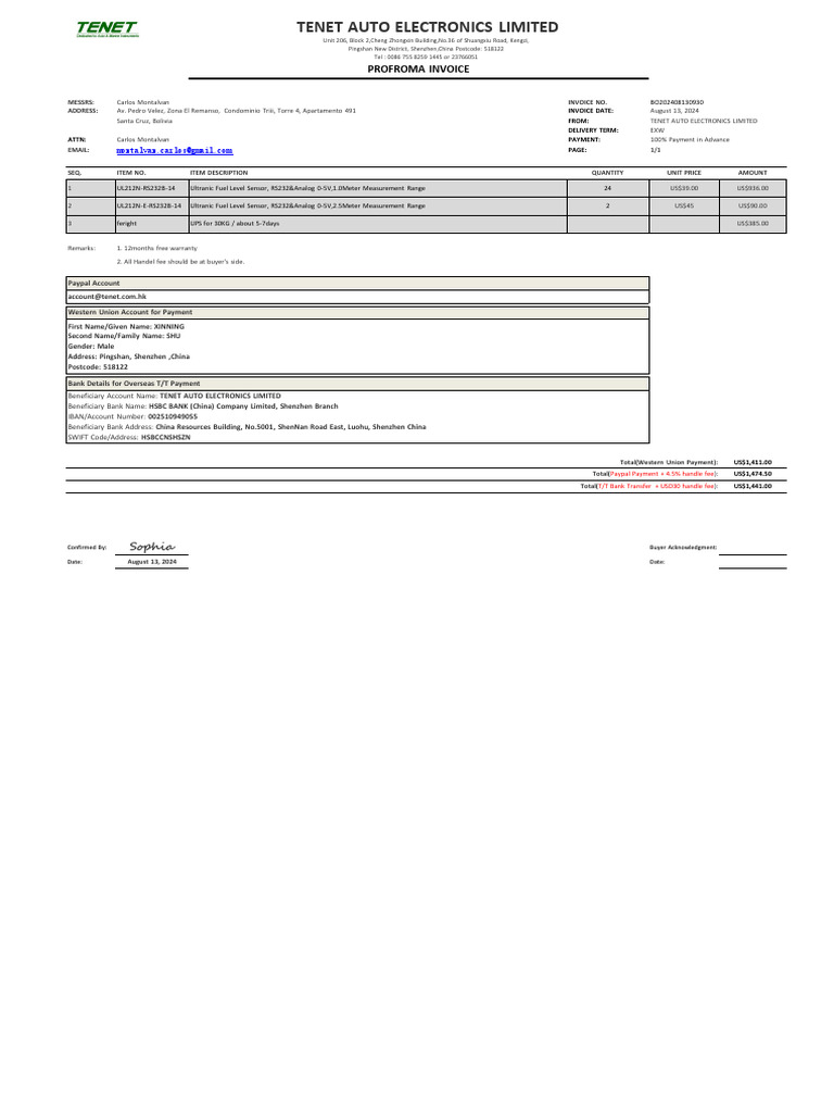 PI For UL212 Ultrasonic Fuel Sensor From TENET To Carlos | PDF | Payments | Banking Technology