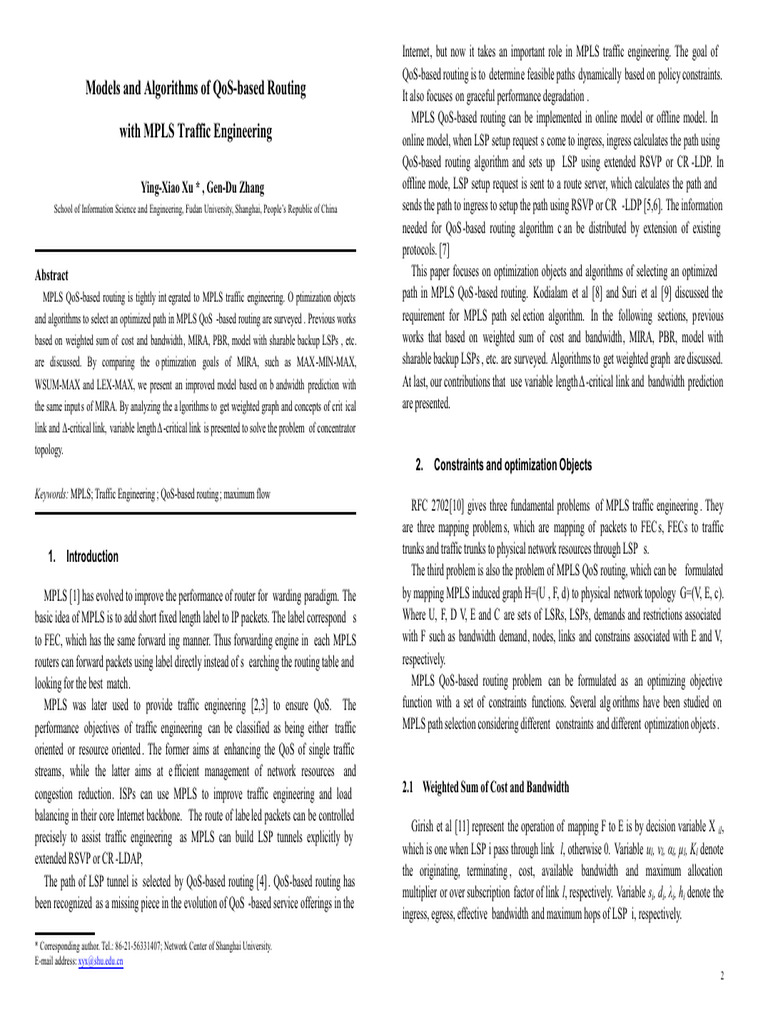 Models and Algorithms of QoS-based Routing With MPLS Traf | PDF