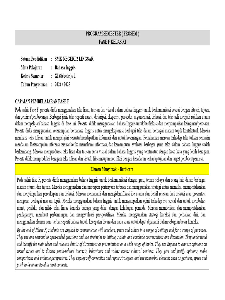 Prosem Kelas 11 SMA Bahasa Inggris Fase F | PDF