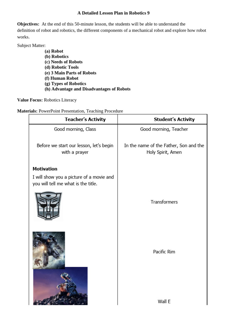 Grade 9 Robotics Lesson 1 Pdf