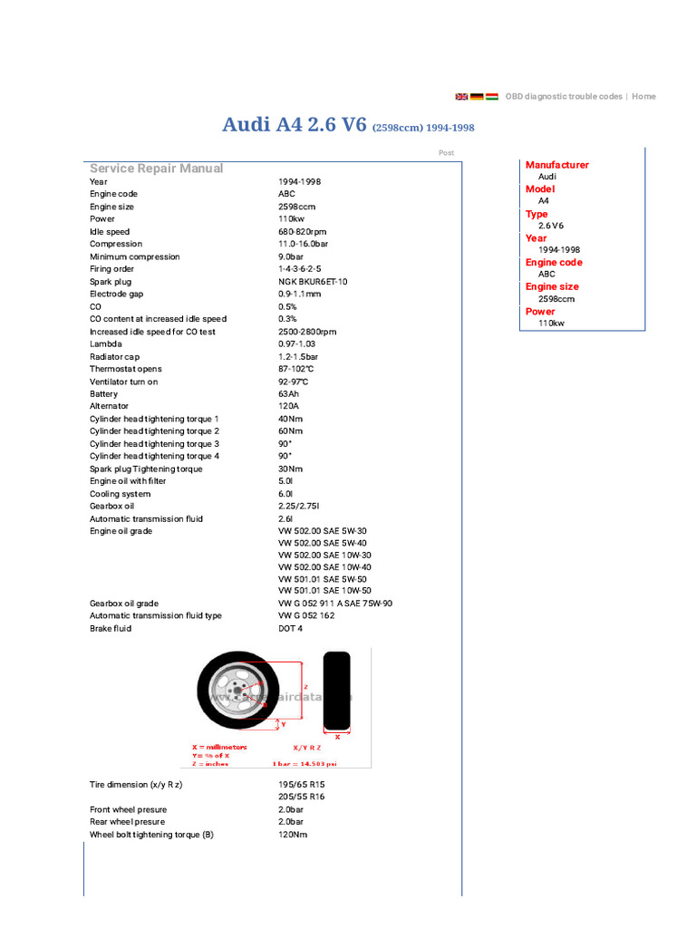 Audi A4 2.6 V6 1994-1998 ABC Car Repair Manual | PDF