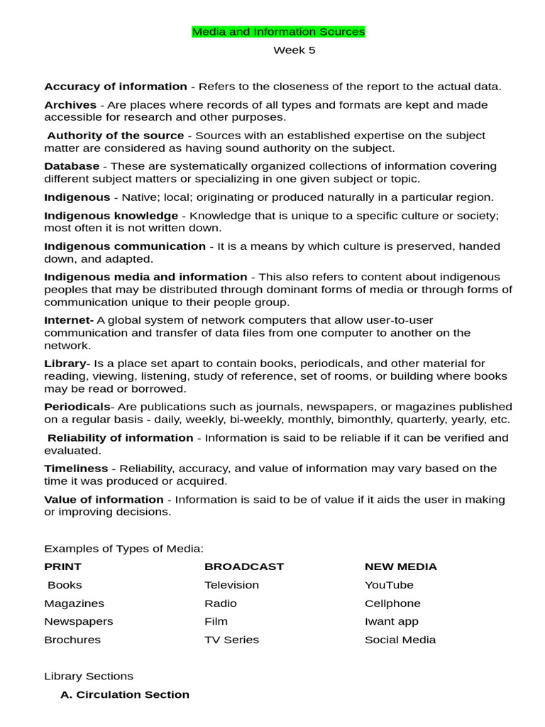 Week 5 Media and Information Sources | PDF | Libraries | Information