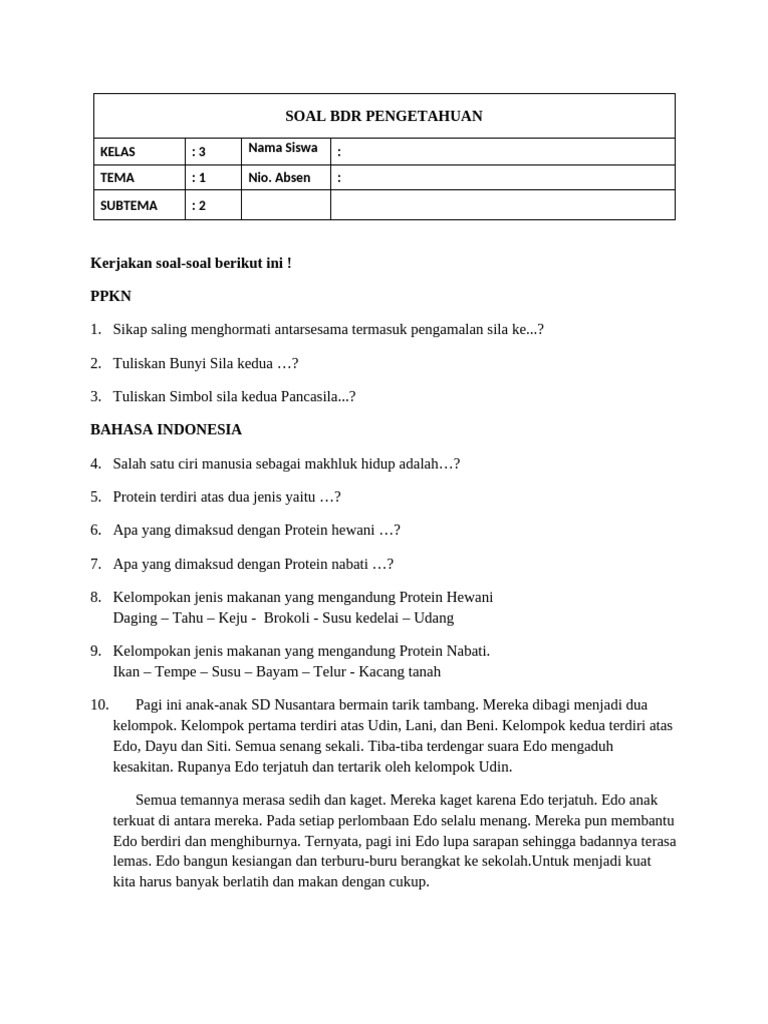 SOAL BDR PENGETAHUAN TEMA 1 SUB 2 KELAS 3 Fix | PDF