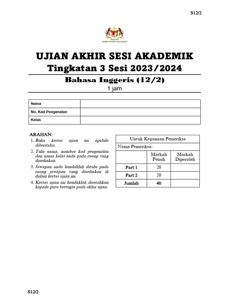 Soalan Bi Tingkatan 3 Kertas 2 | PDF