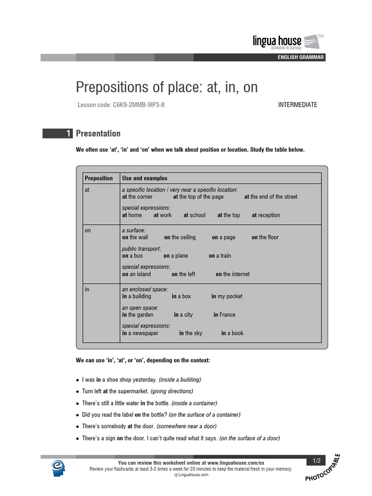 Prepositions of Place - At, In, On | PDF