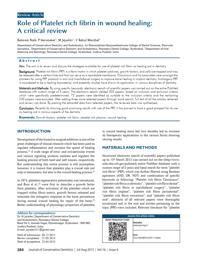 Role of Platelet Rich Fibrin in Wound Healing A.3 | PDF
