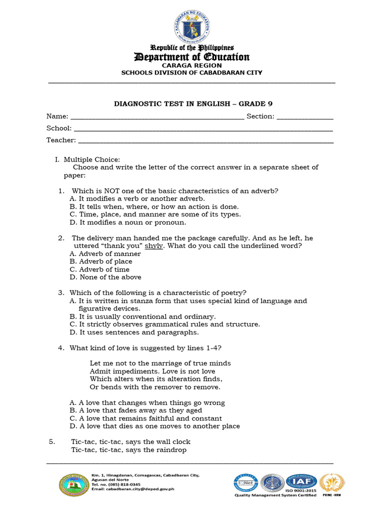 Diagnostic Test - Grades 9 - English - Sy 2022-2023 | PDF