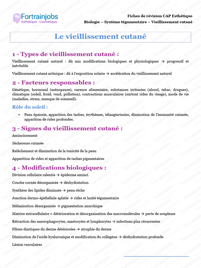 CAP Bac Pro BTS Esthetique Biologie Systeme Tegumentaire Vieillissement ...
