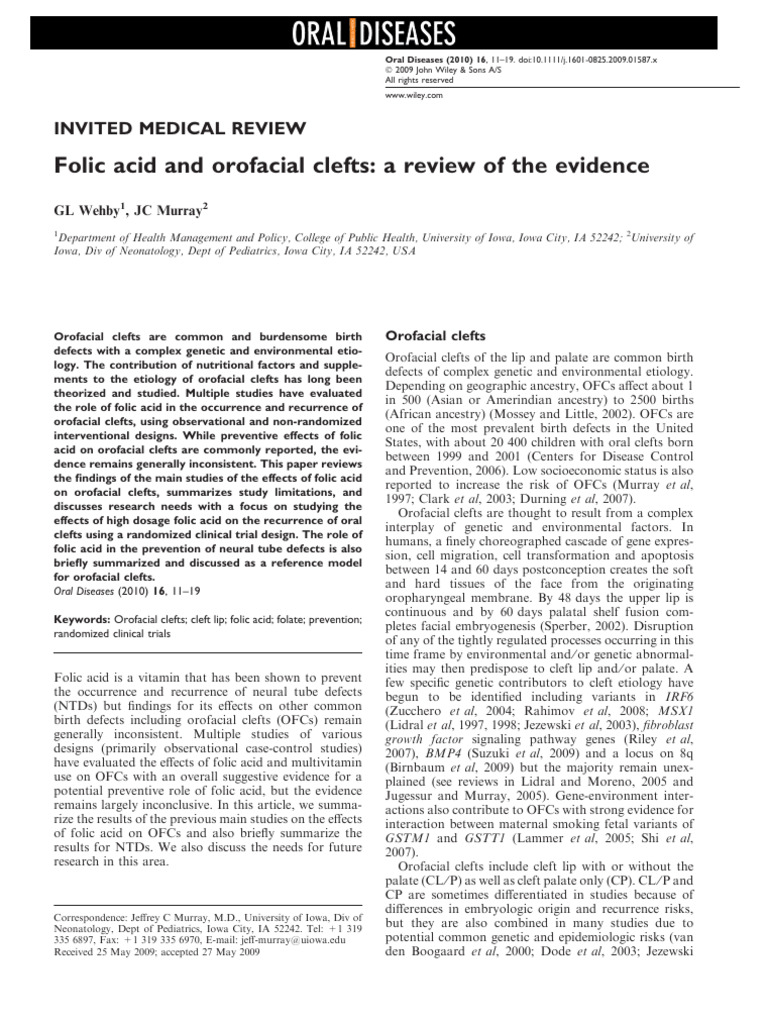 Oral Diseases - 2009 - Wehby - Folic Acid and Orofacial Clefts A Review of The Evidence | PDF