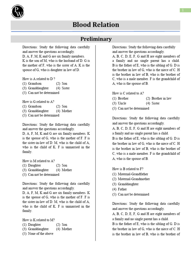 Blood Relation - Chapter Wise PDF (English) | PDF
