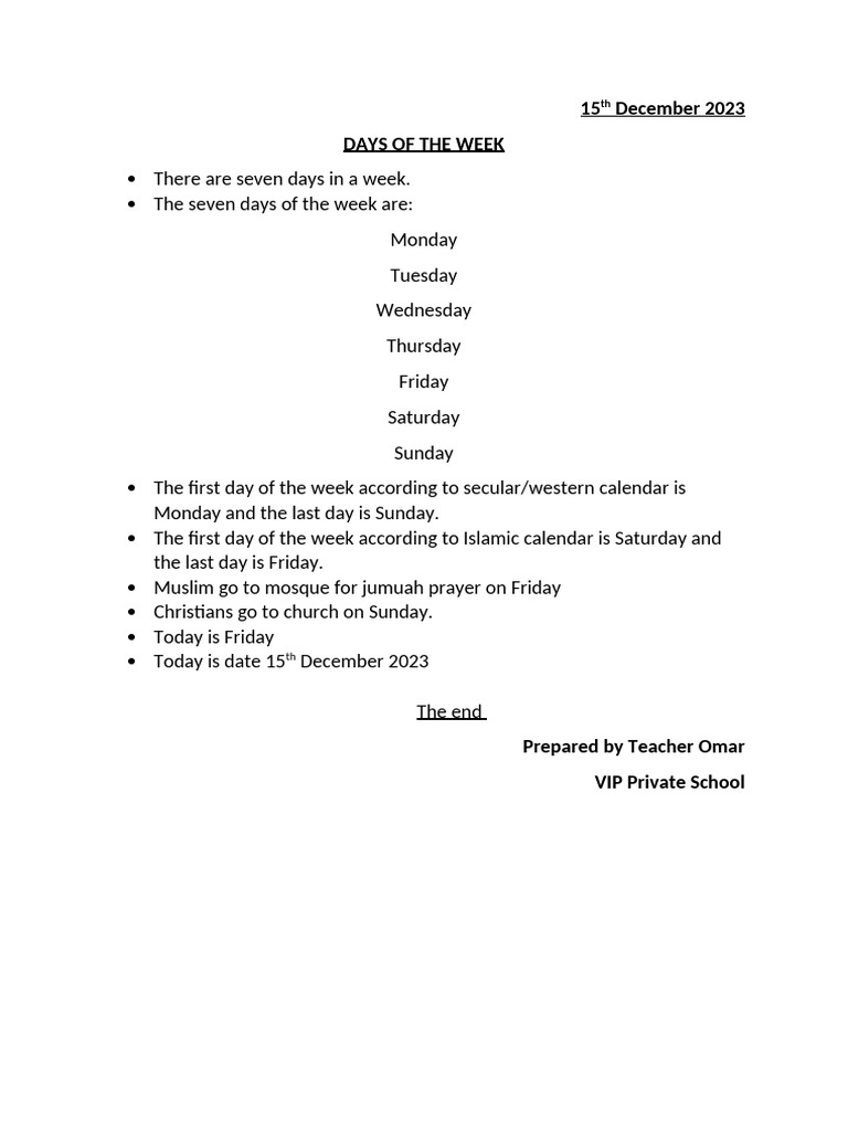 Days of The Week | PDF