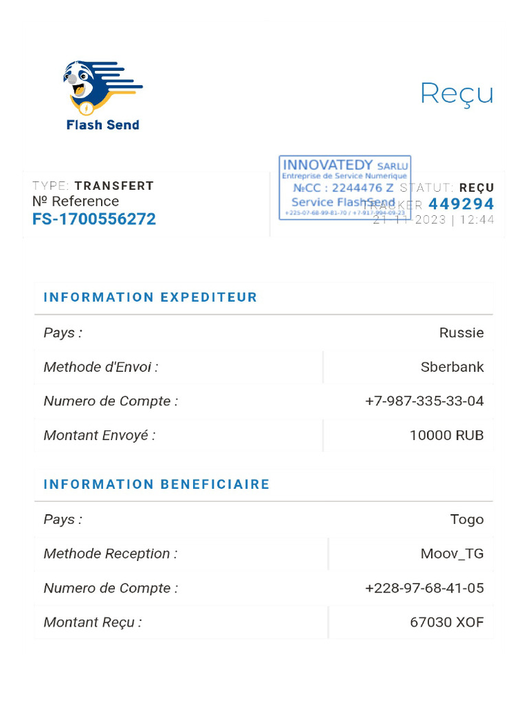 Reçu FlashSend 449294 | PDF