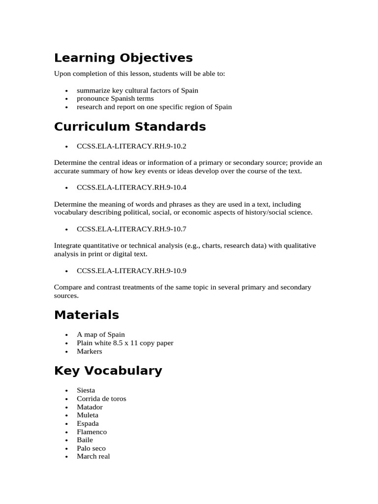 Spanish Culture Lesson Plan | PDF