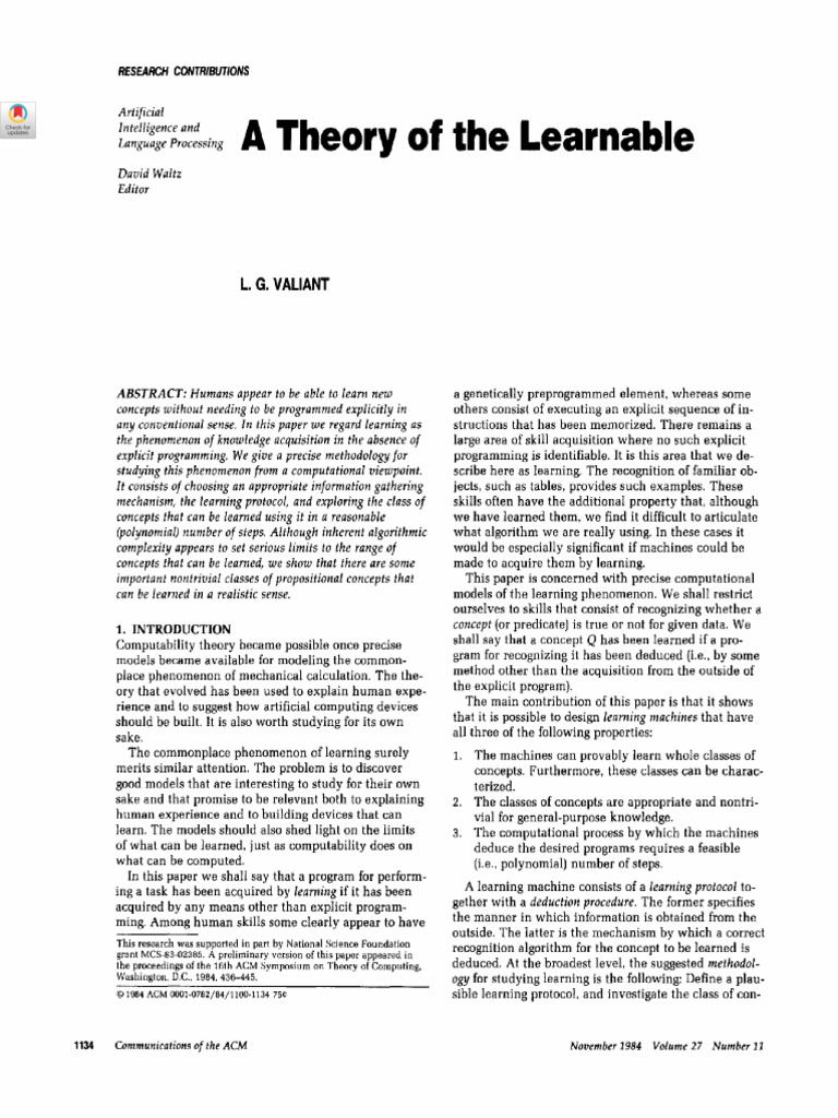 A Theory of The Learnable | PDF | Function (Mathematics) | Boolean Algebra