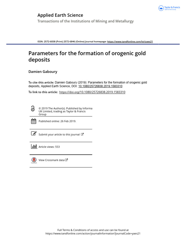 Parameters For The Formation of Orogenic Gold Deposits: Applied Earth Science | PDF