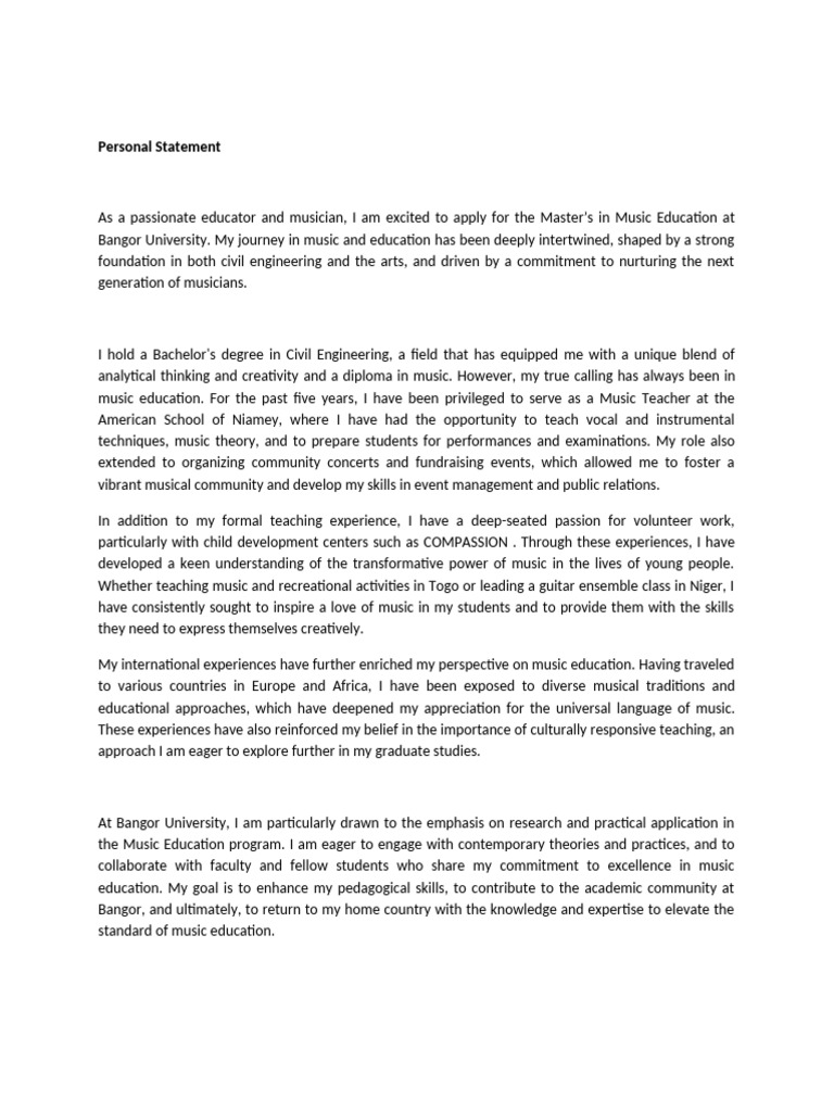 Personal Statement Bangor University | PDF