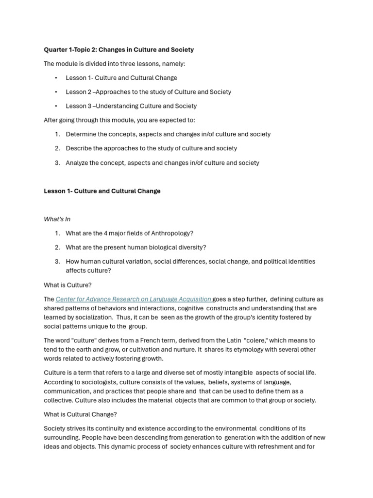 UCSP TOPIC 2 Changes in Culture and Society | PDF