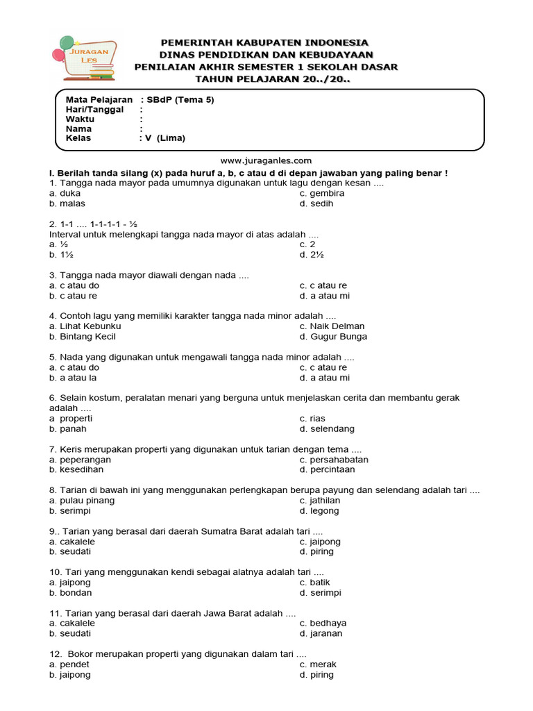 Soal Tema 5 Kelas 5 Semester 1 Tahun 2022 Mapel SBDP | PDF