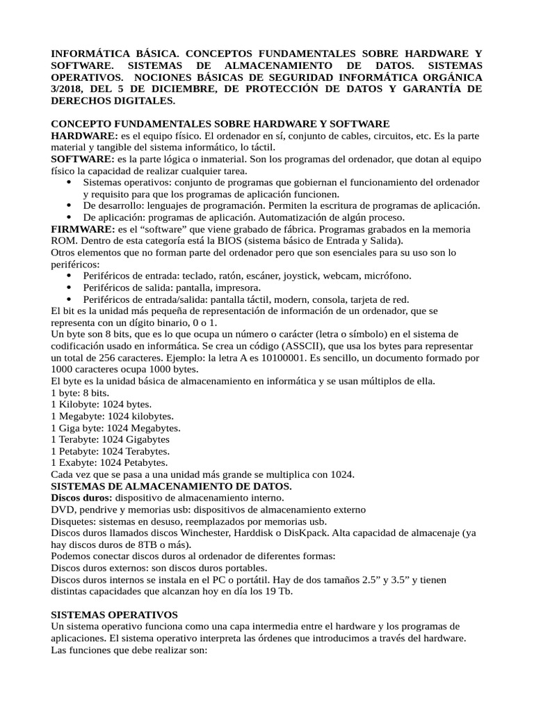 Tema 22. La Informática Básica Conceptos Fundamentales Sobre El Hardware y El Software. Sistemas ...