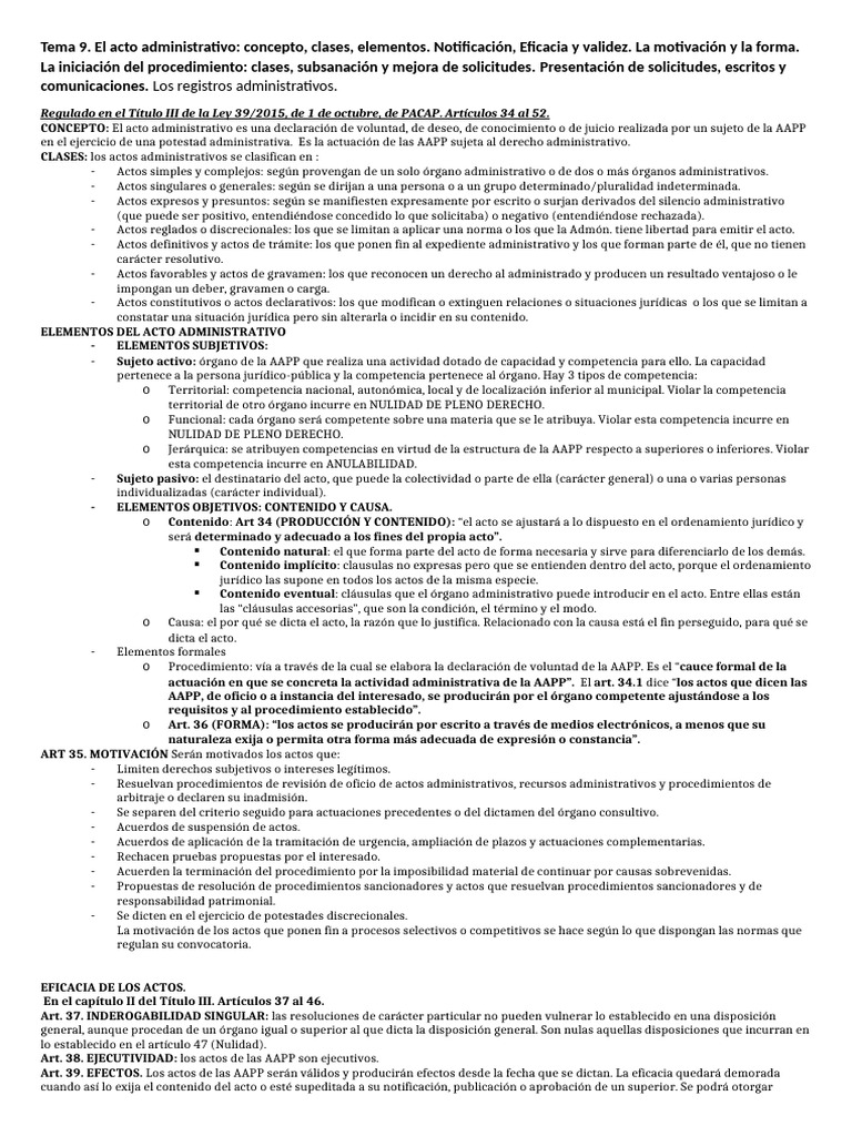 Tema 9. Acto Admin. Concepto Clases y Elementos. Notificación, Eficacia y Validez. Motivación y ...