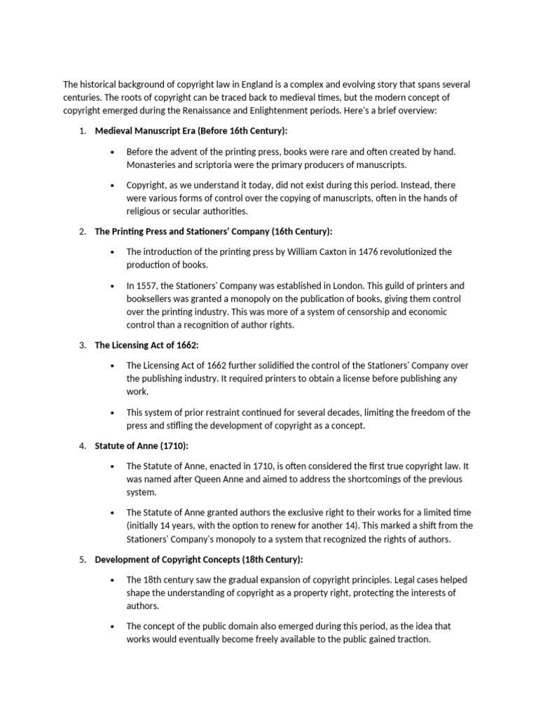 The Historical Background of Copyright Law in England Is A Complex and ...