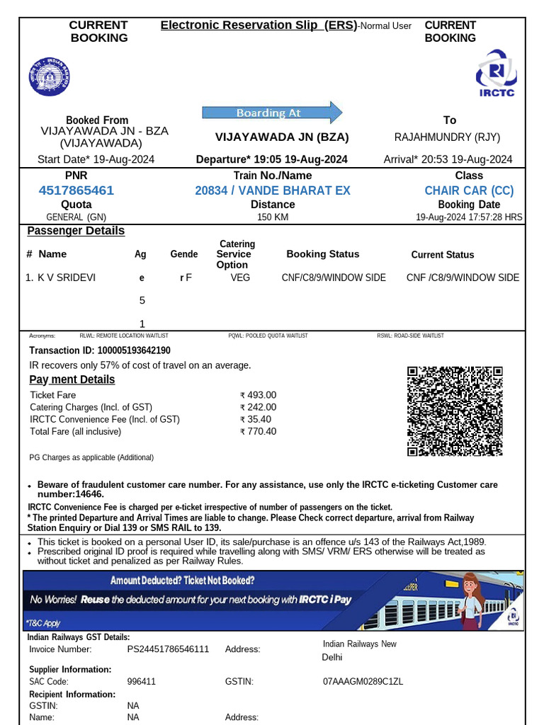 Vande Bharat Ex Chair Car (CC) : Current Electronic Reservation Slip ...