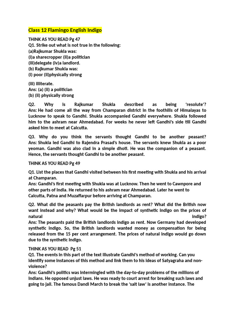 Class 12 Flamingo Indigo Answer Key | PDF