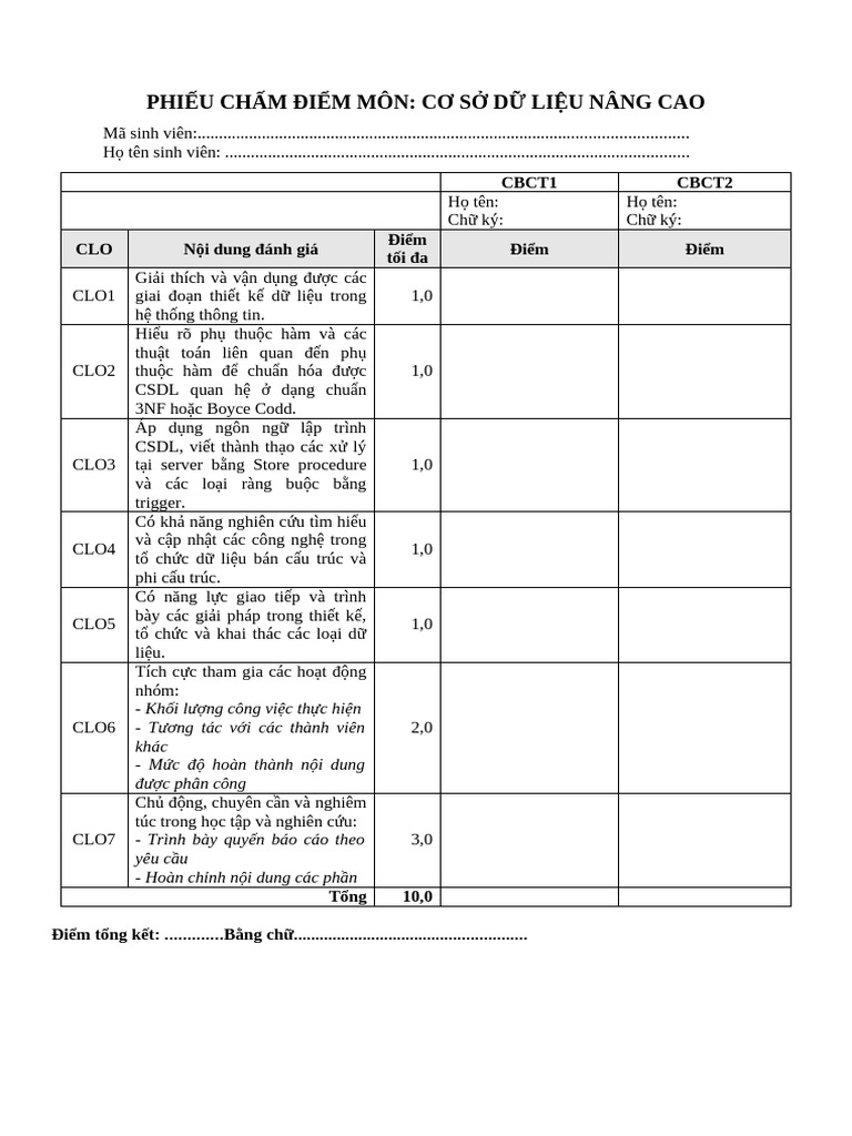 Phiếu Chấm Môn CSDLNC | PDF