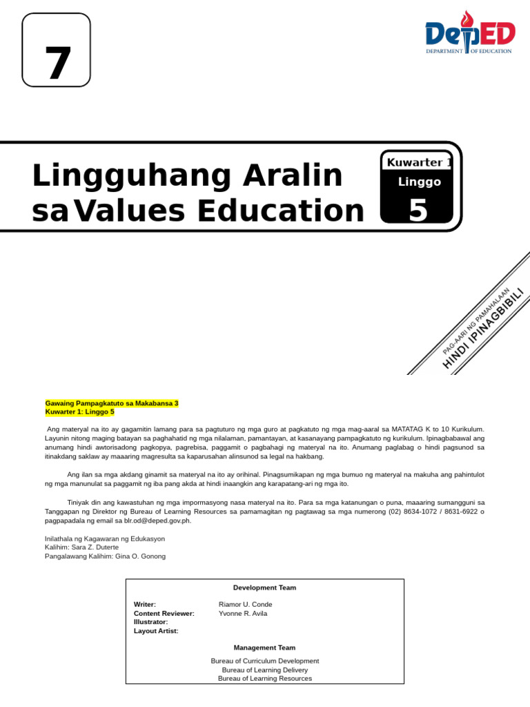Values Education Sa Lingguhang Aralin: Linggo | PDF