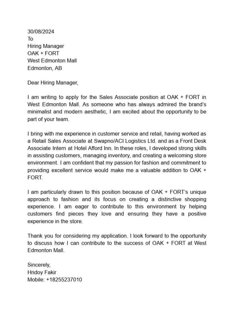 Hridoy Fakir Cover Letter OAK Fort | PDF