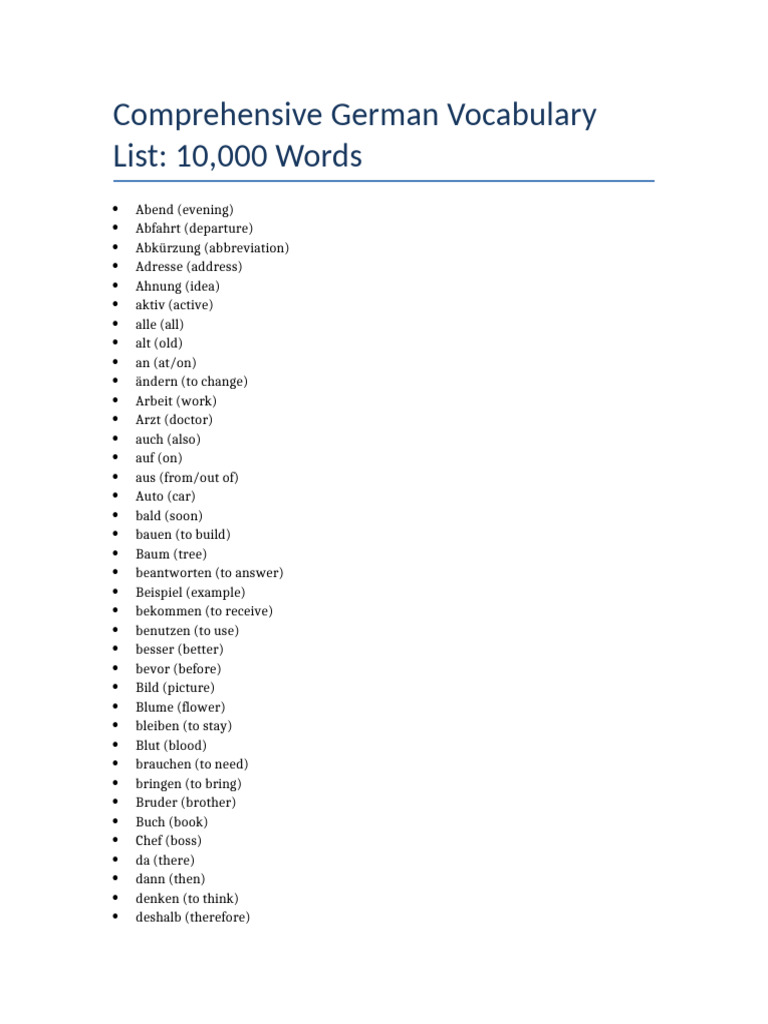 German 10000 Word List | PDF