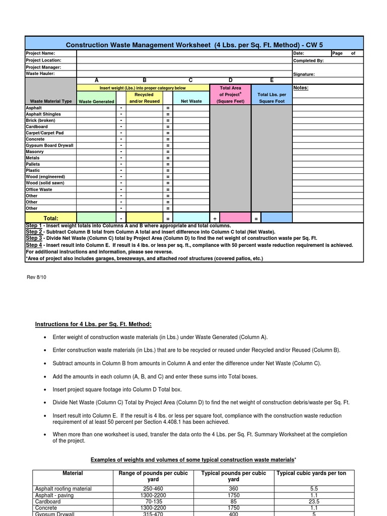 Construction Waste MGMT Worksheet | PDF | Ton | Column