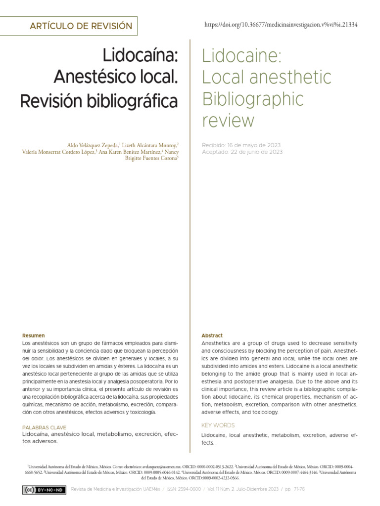 Lidocaina Anestesico Local Revision Bibliografica | PDF