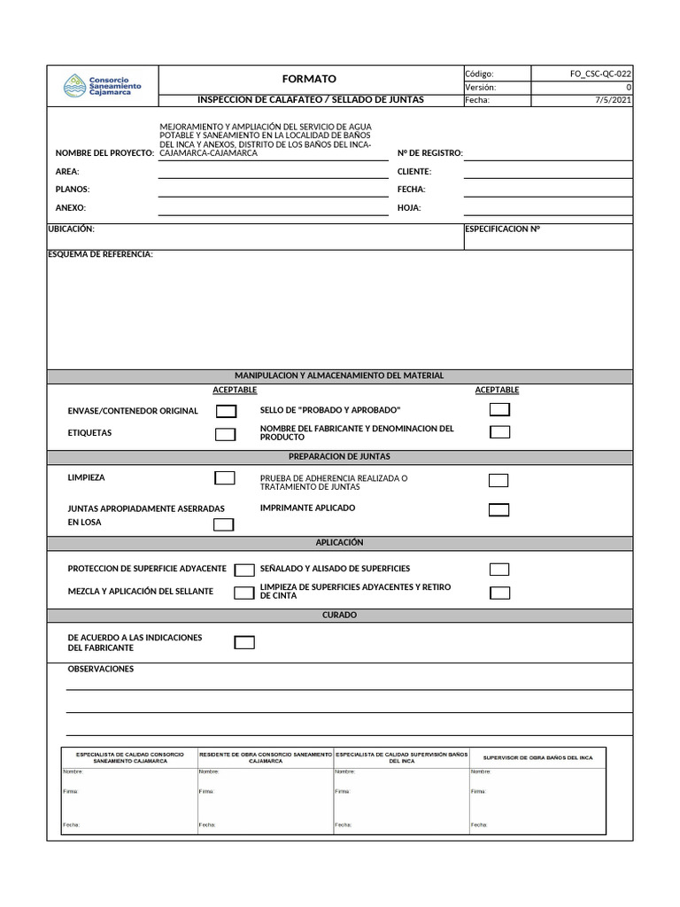 FO - CSC-QC-022 Inspección de Calafateo - Sellado de Juntas - Versión 0 | PDF