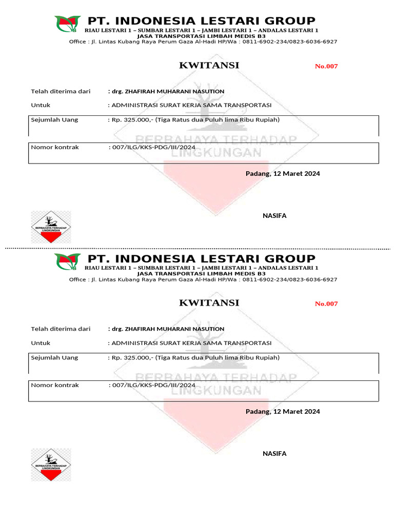 Drg. Zhafirah Muharani Nasution - Docx Kwitansi | PDF