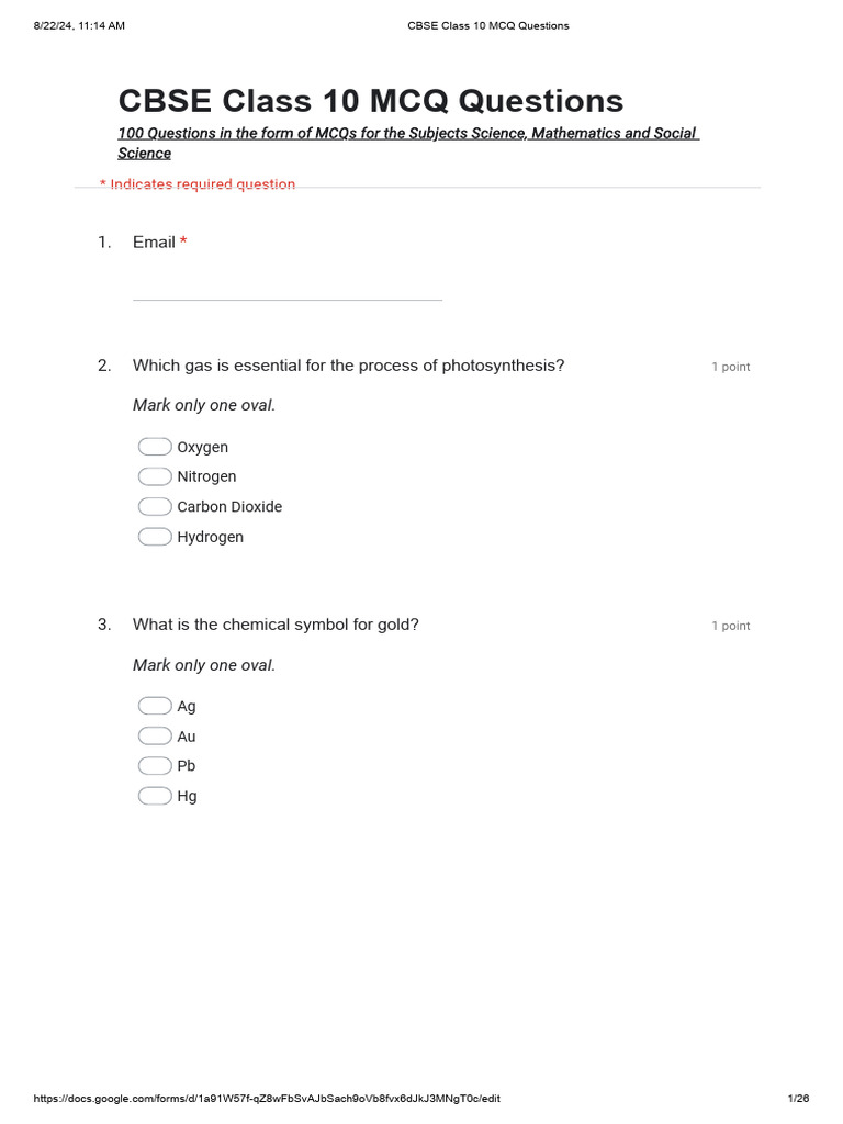 CBSE Class 10 MCQ Questions - Google Forms | PDF | Water | Oxygen