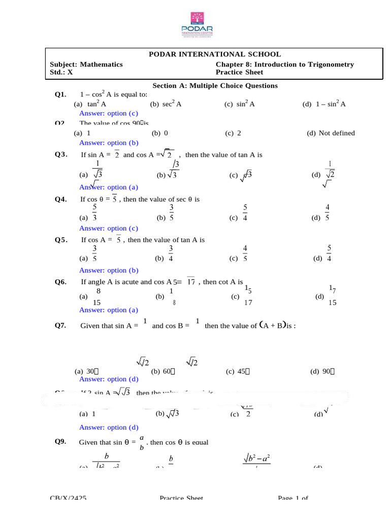 X Maths Ch8 Introduction To Trignometry 2 | PDF | Trigonometry | Circle