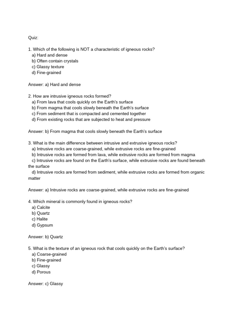 Introduction To Igneous Rocks - Quiz | PDF