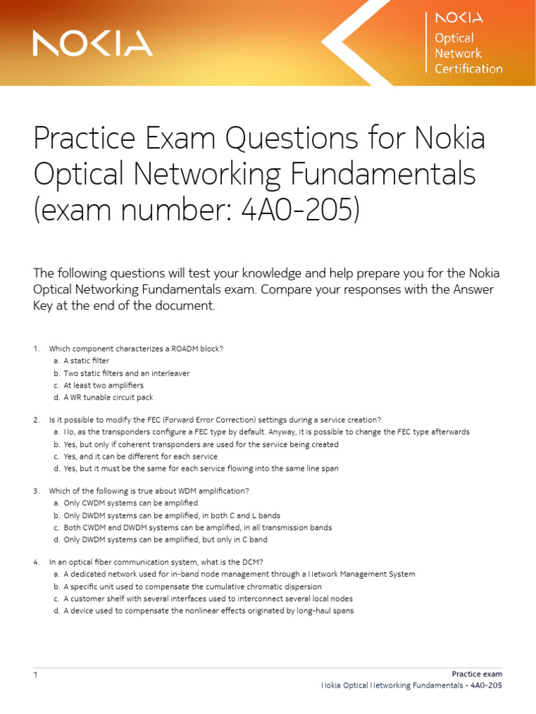 Nokia Practice Exam For Nokia Optical Networking Fundamentals (4A0 205 ...
