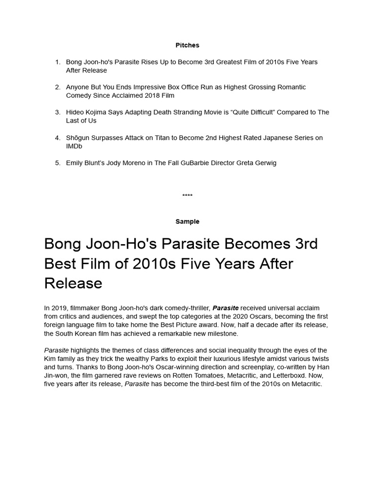 Parasite 250 Word Feature | PDF