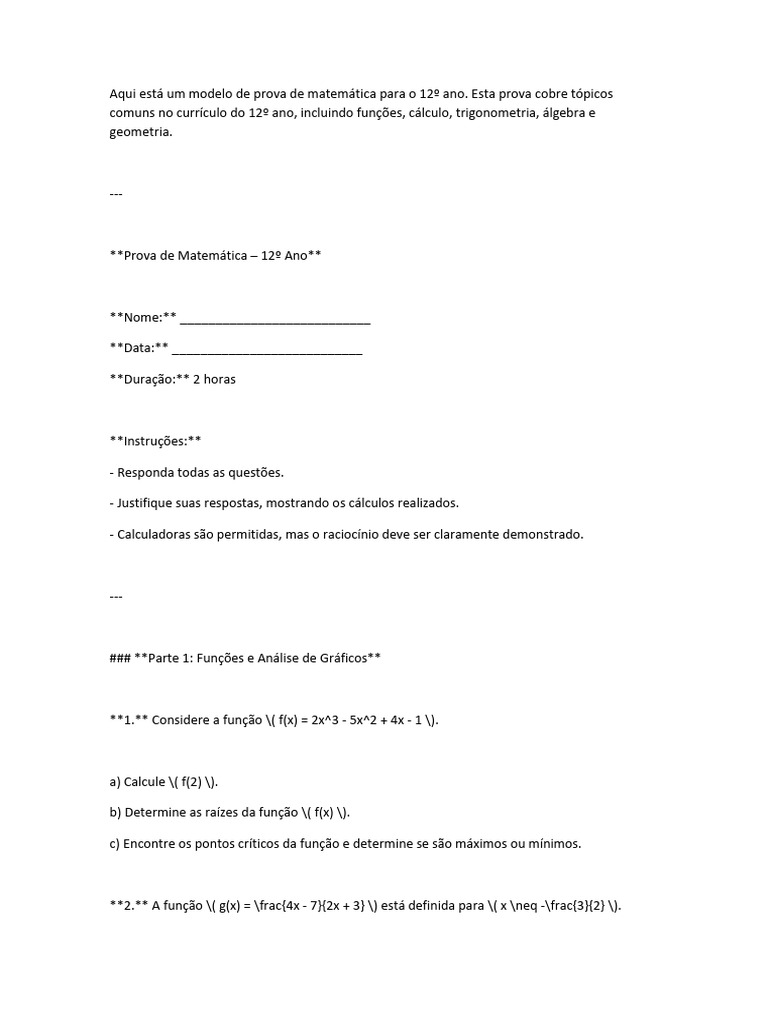 Aqui Está Um Modelo de Prova de Matemática para o 12º Ano | PDF
