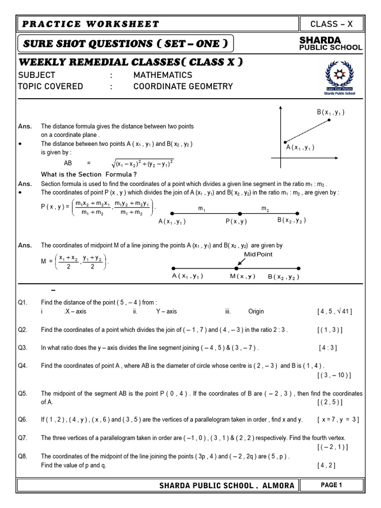 Worksheet For Remedial Classes (Class X Set - 1) Coordinate Geometry | PDF