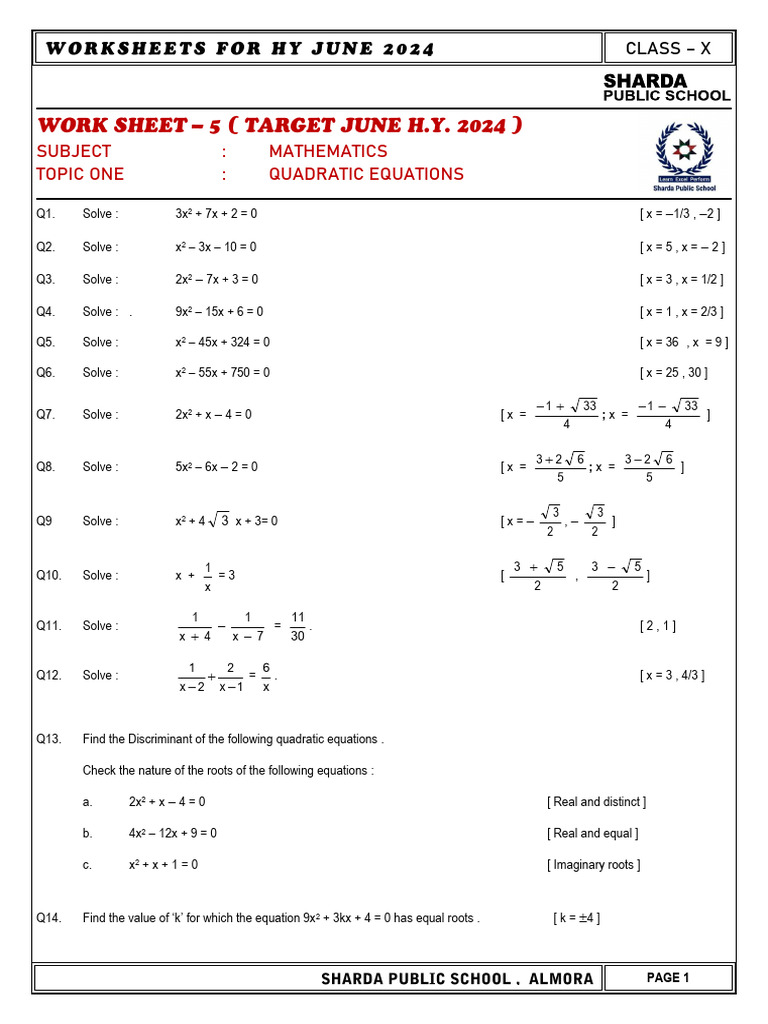 Worksheet Set 2 (CH 4, 5, 6) Class X | PDF