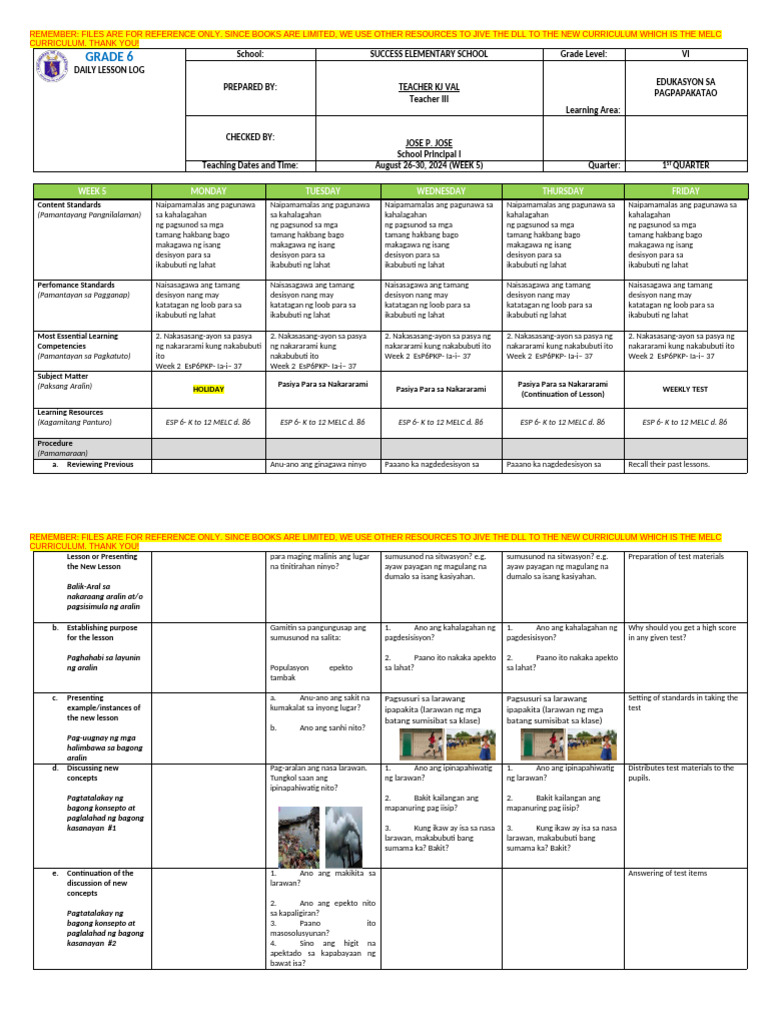 DLL - Esp6 Week 5 - q1 by Teacher KJ Val Files2024 | PDF