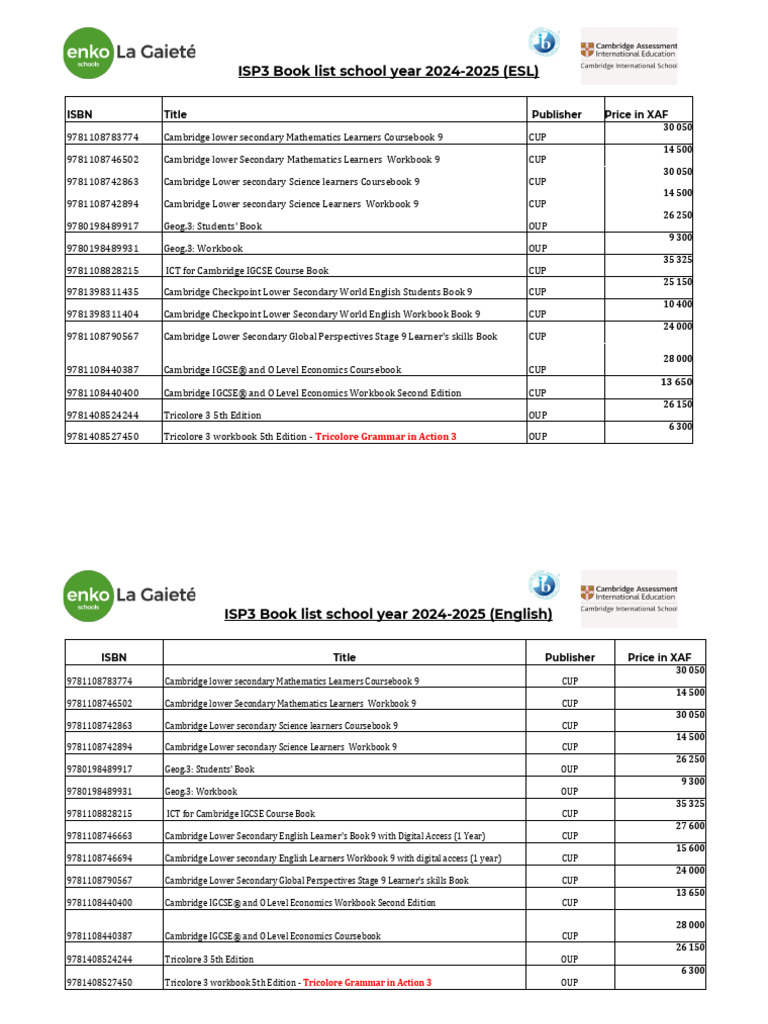 ISP3 Book List Eng &ESL Sy 24-25 | PDF | Textbook | Book Publishing