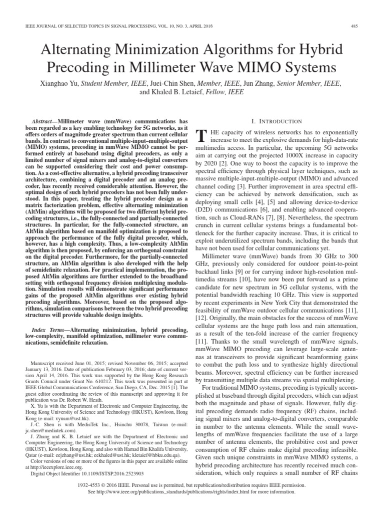 Alternating Minimization Algorithms For Hybrid Precoding in Millimeter Wave MIMO Systems | PDF