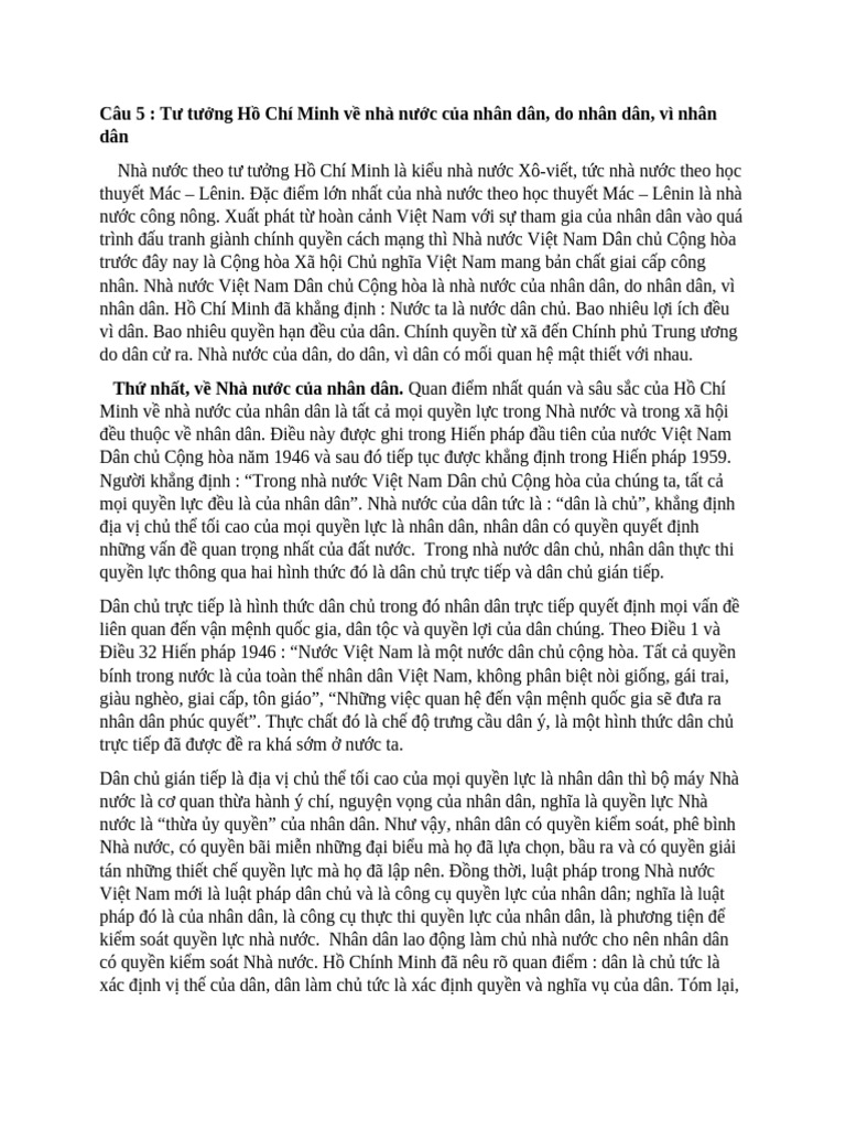 Câu 5. TTHCM Về Nhà Nước Của Nhân Dân, Do Nhân Dân, Vì Nhân Dân Finish | PDF