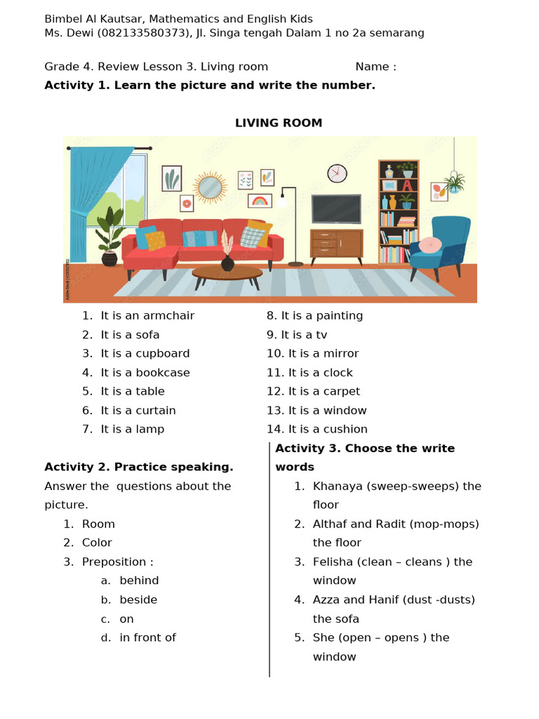 Grade 4 - Review Unit 3. Living Room | PDF