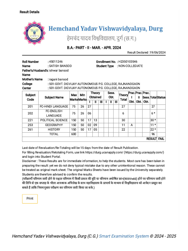 B.A. Part II Result 2024: Fail | PDF